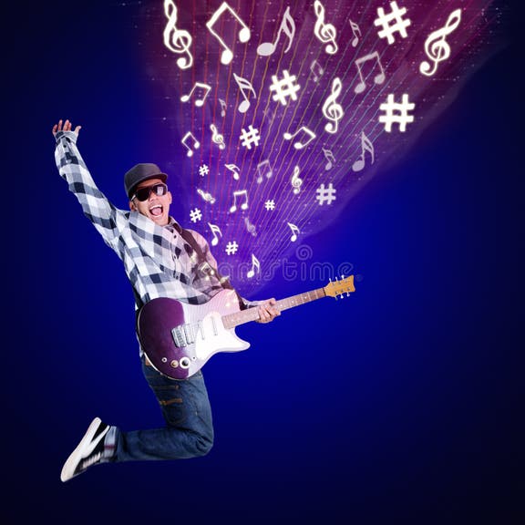 Guitarist Jumping with Musical Notes on Blue Stock Illustration ...