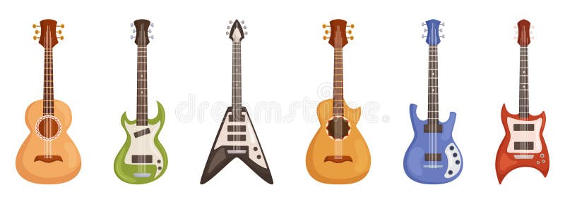 Guitars Set, Stringed Instruments with Resonating Body and Neck Played ...