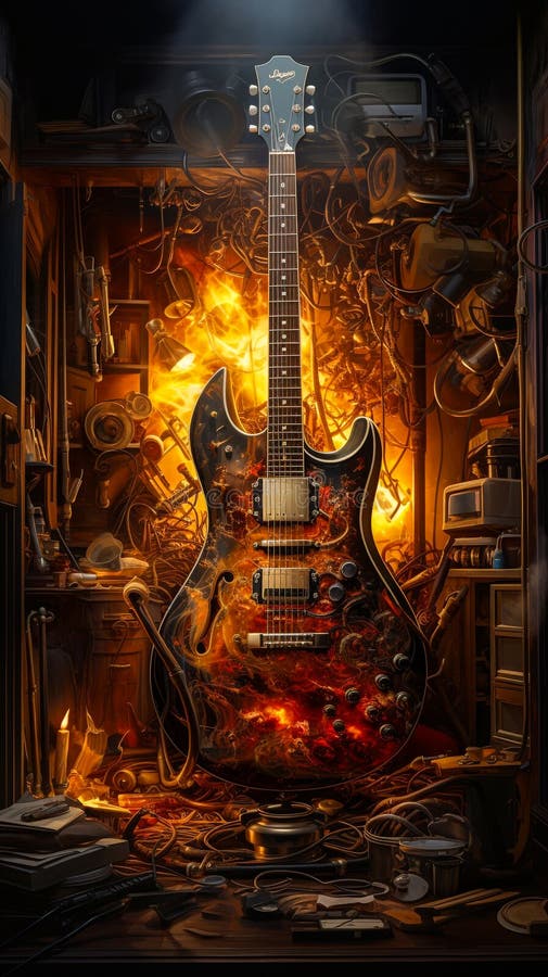 Guitars Tools Music Art Objects with Fire Generative AI Stock ...