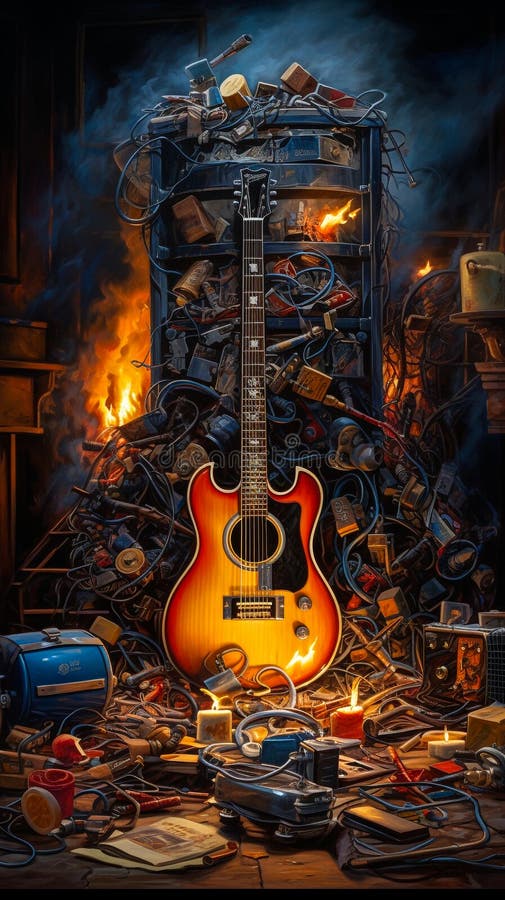 Guitars Tools Music Objects with Fire Generative AI Stock Illustration ...