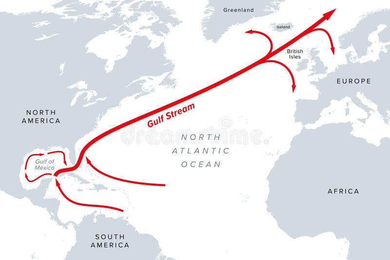 Gulf Stream, Warm and Swift Atlantic Ocean Current, Gray Political Map ...