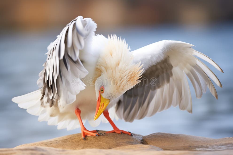Gull Preening Its Feathers with the Sea in Soft Focus Stock Photo - Image of behavior, bird ...
