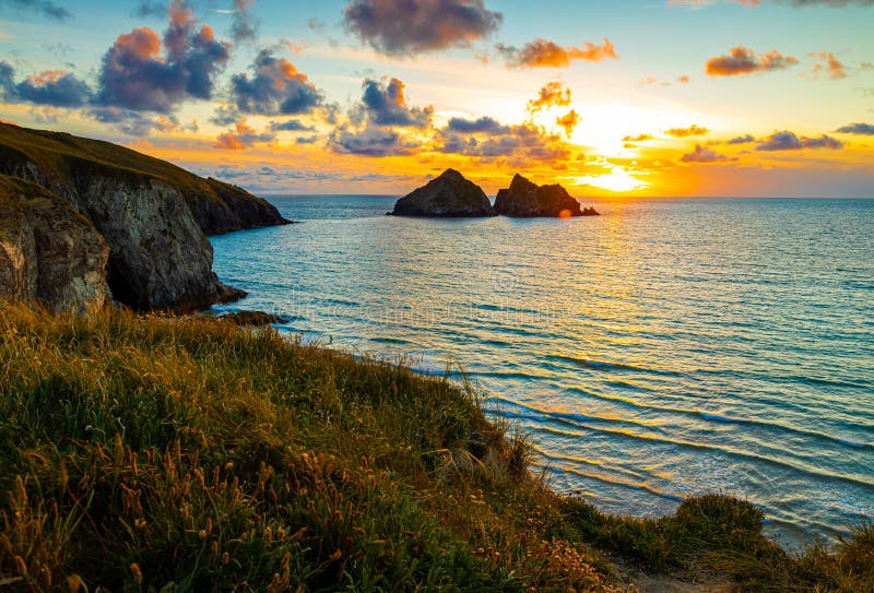 Gull Rocks at Sunset in Hollywell Bay in Cornwall Stock Image - Image ...