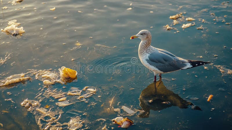 Gull Standing Near Contaminated Water, Highlighting Coastal Pollution ...