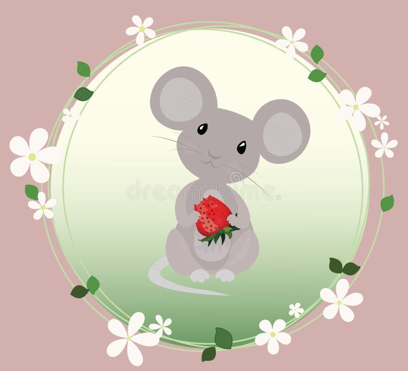 Gullig Mus Som äter Jordgubben Stock Illustrationer - Illustration av ...