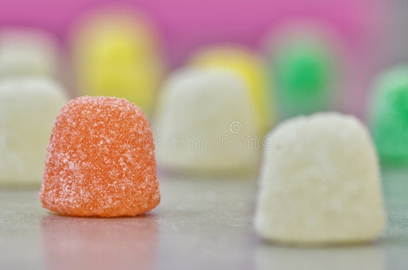 Gum Drops Sugar Coated Candy Jubes Side View Macro Spaced On A Table With Selective Focus