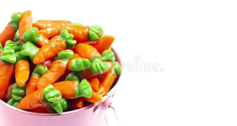 Gummy Candy Carrots in a Bucket Stock Image - Image of white, full ...