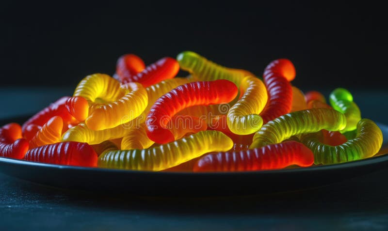 Gummy Worms Arranged in a Spooky Pattern, Resting on a Dark Plate Stock ...