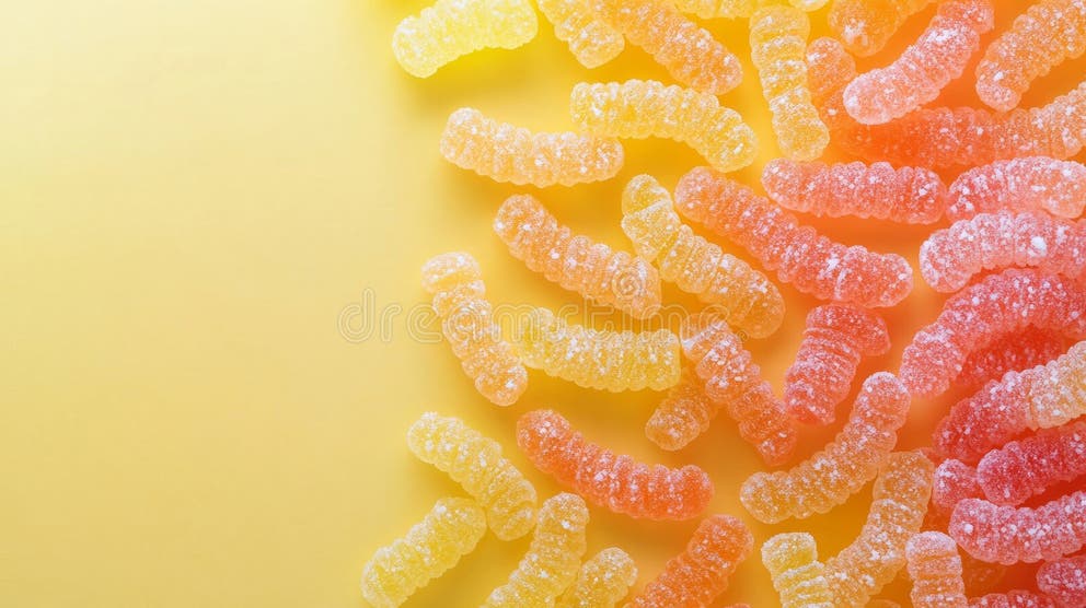 Gummy Worms Scattered on a Yellow Background. Stock Image - Image of ...