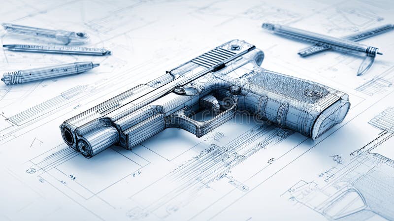 Gun Blueprint Design Lying on Technical Drawing with Drafting Tools ...