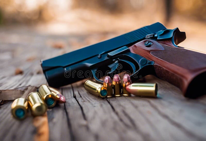 Gun and Bullets on a Wooden Floor, AI-generated. Stock Illustration ...