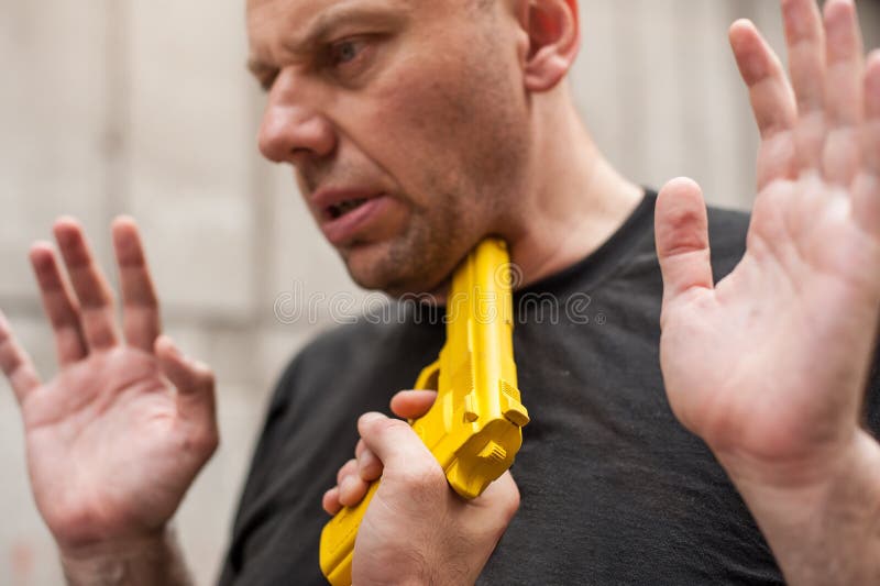 Gun Disarm. Self Defense Techniques Against a Gun Point. Stock Photo ...