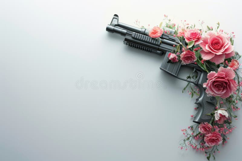 Gun in Flowers, Blurred Background, Peace Weapon Design Stock ...