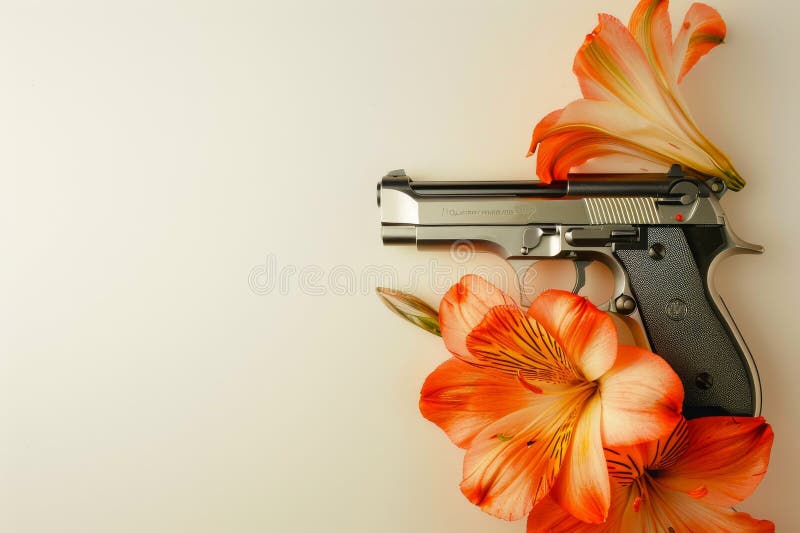 Gun in Flowers, Blurred Background, Peace Weapon Design Stock ...