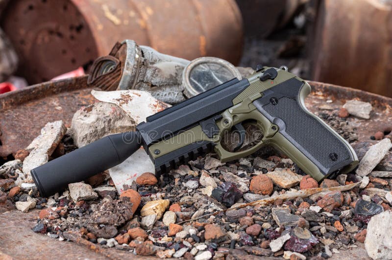 Gun with Silencer. Gun and Gas Mask Stock Photo - Image of silencer ...