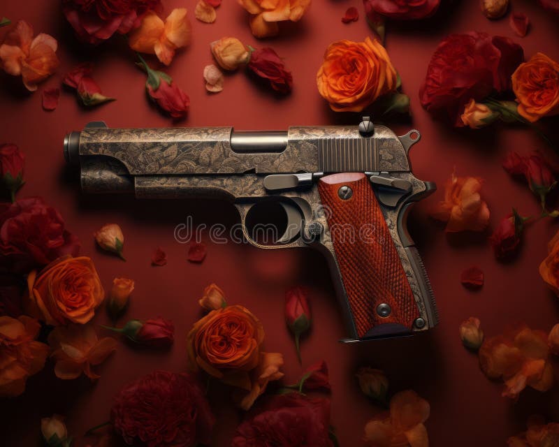 A Gun is Surrounded by Roses on a Red Background Stock Illustration ...