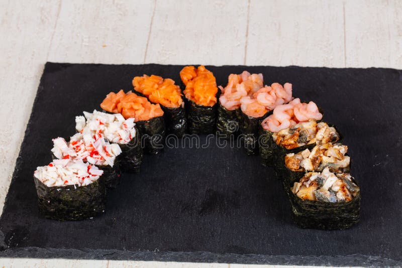 Gunkan sushi set stock image. Image of salmon, sticks - 129770457