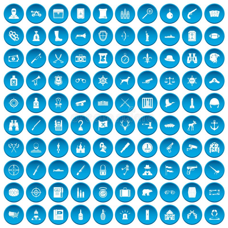 100 guns icons set blue stock vector. Illustration of detective - 96503874