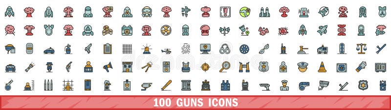 100 Guns Icons Set, Color Line Style Stock Illustration - Illustration ...
