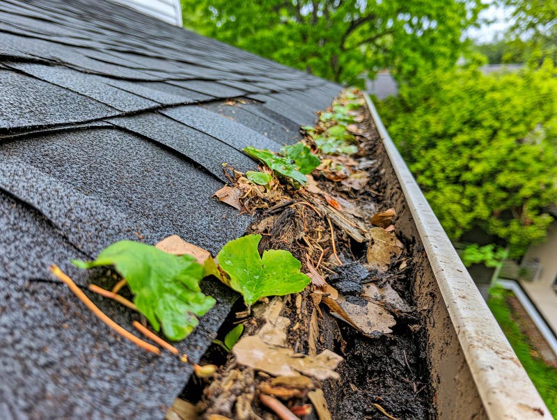 A Gutter Filled with Leaves and Plants on the Side of a House Stock ...