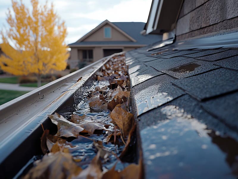 A Gutter Filled with Leaves on the Side of a House Stock Image - Image ...