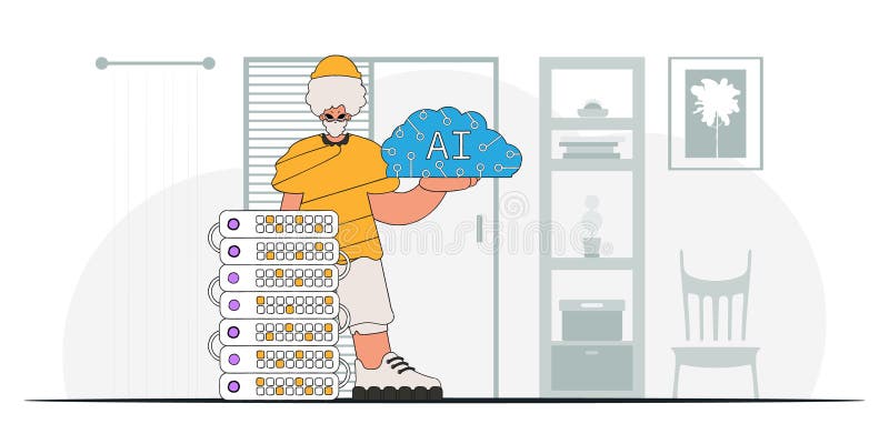 Guy with AI Brain in a Fashionable Design, Vector Illustration. Stock ...