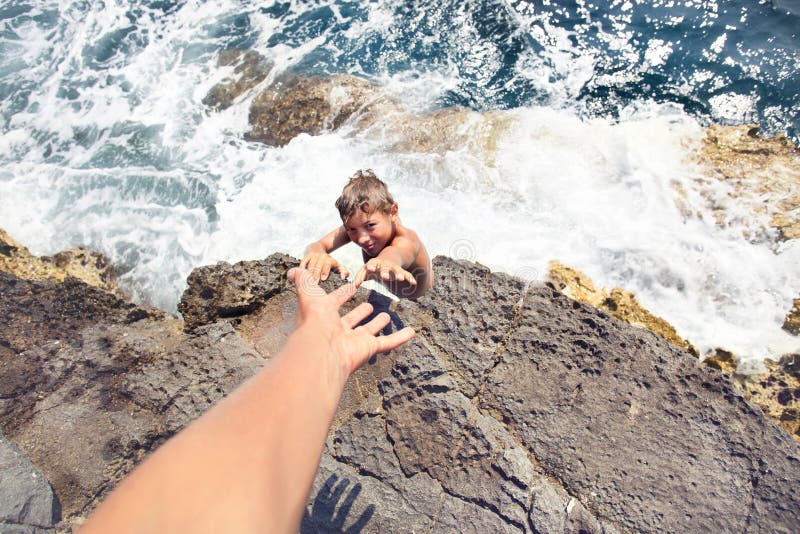 Guy Asking for Help To Someone To Climb a Cliff Stock Image - Image of ...