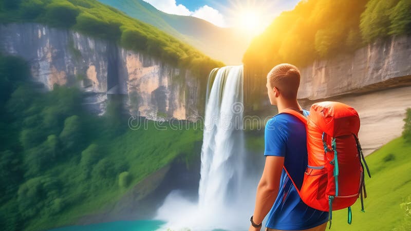 A Guy with a Backpack on His Back is Looking at a Beautiful Waterfall ...