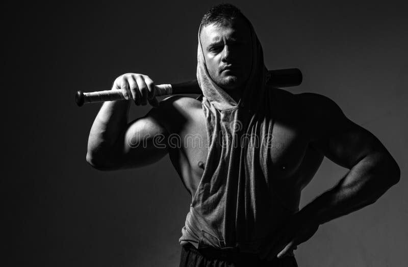 Guy with Baseball Bat for Fighting. Dangerous Man with Serious Emotion ...