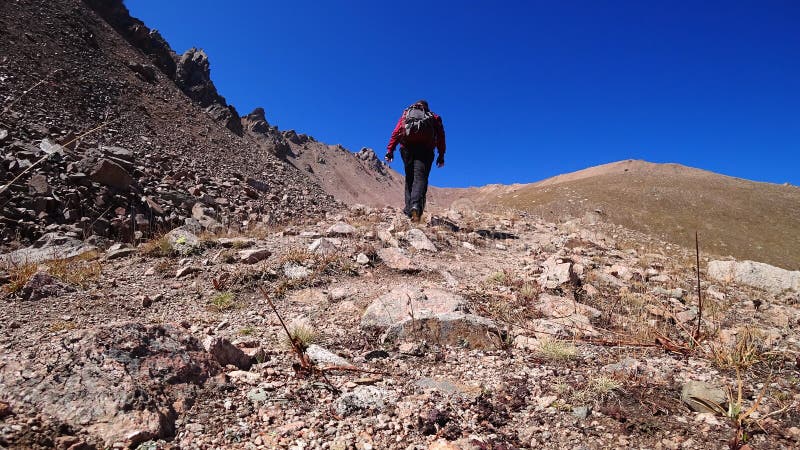 A Guy with a Big Backpack Climbs the Peak Stock Image - Image of travel ...