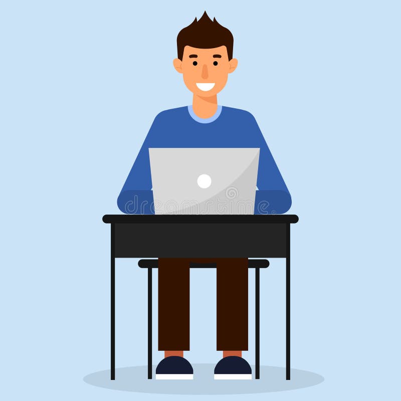 Guy in Blue Sitting at the Laptop Stock Vector - Illustration of male ...