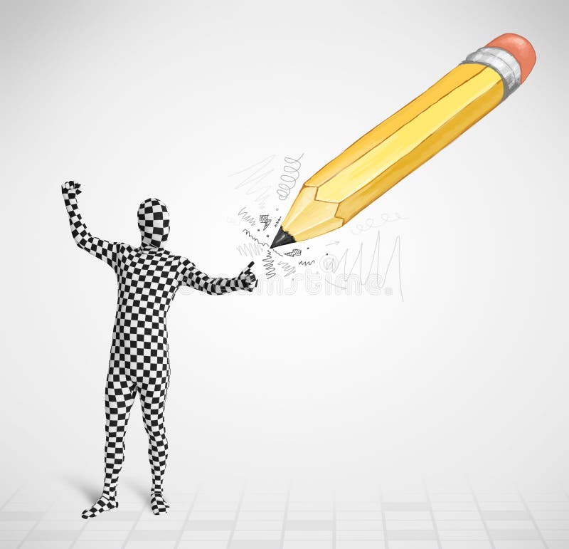 Guy in Body Mask with a Big Hand Drawn Pencil Stock Image - Image of ...