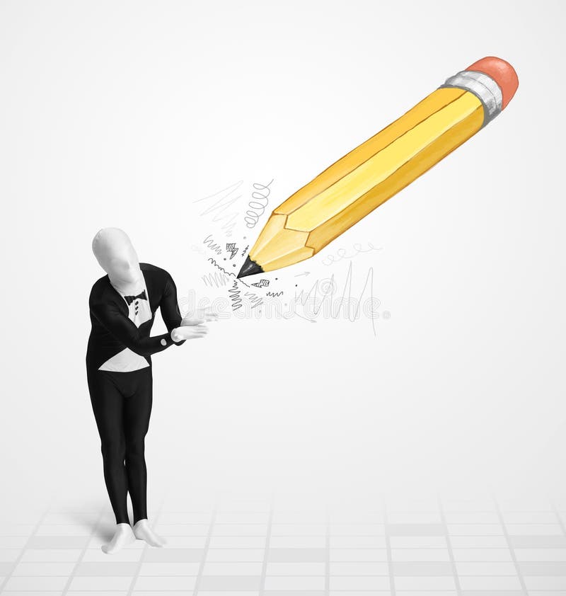 Guy in Body Mask with a Big Hand Drawn Pencil Stock Illustration ...