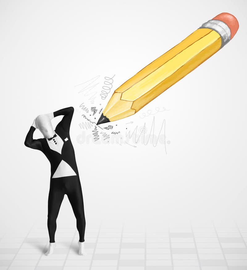 Guy in Body Mask with a Big Hand Drawn Pencil Stock Illustration ...