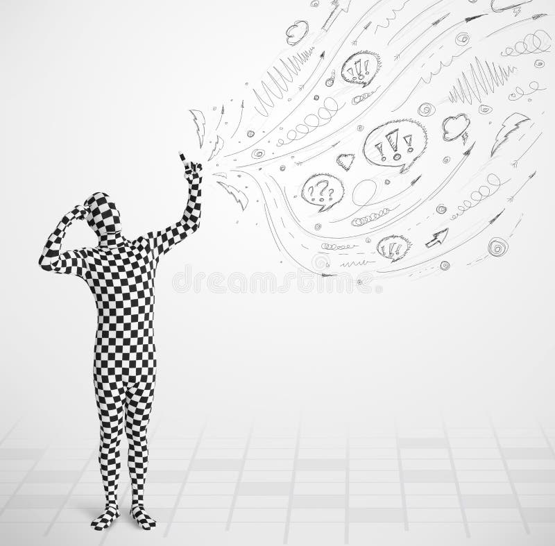 Guy in Body Suit Morphsuit Looking at Sketches and Doodles Stock ...