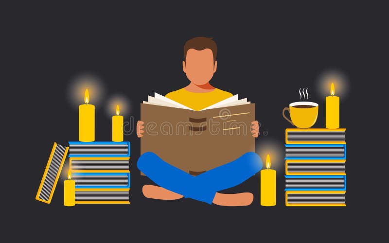 The Guy Sits with an Open Book and Reads by Candlelight. the Concept of ...