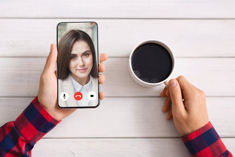 Guy Calling Girlfriend Using Smartphone Video Call Drinking Coffee ...