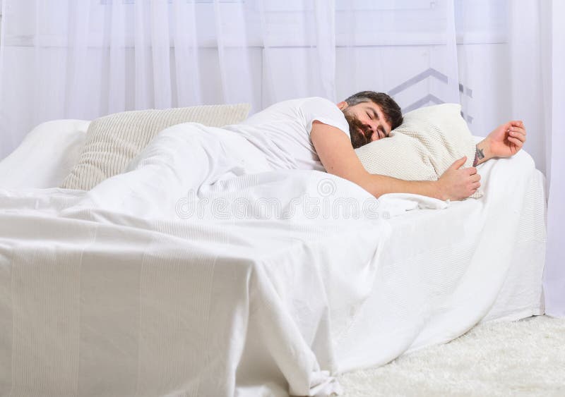 Guy on Calm Face Sleeping on White Sheets, Pillow. Fast Asleep Concept ...
