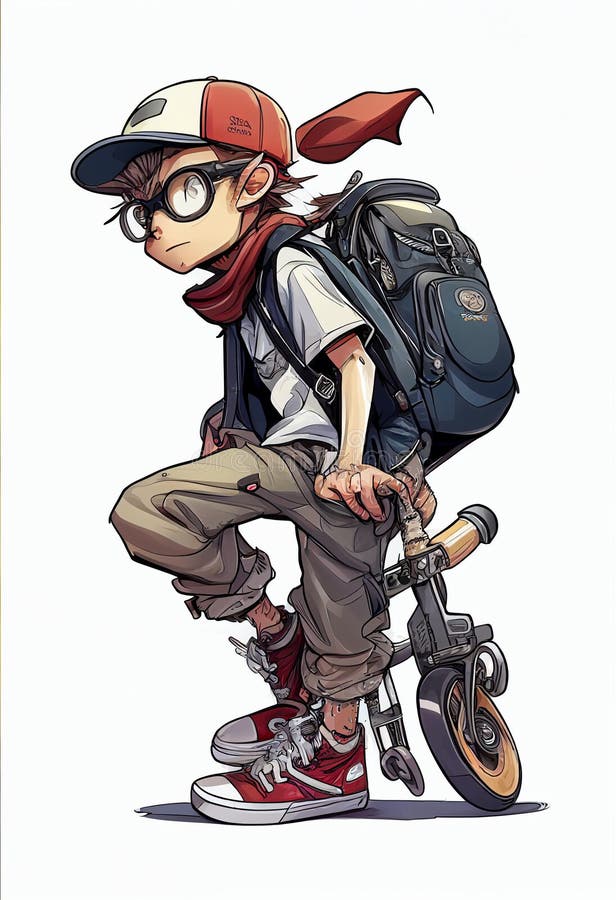 A Guy in a Cap with a Backpack and on a Scooter in the Style of ...