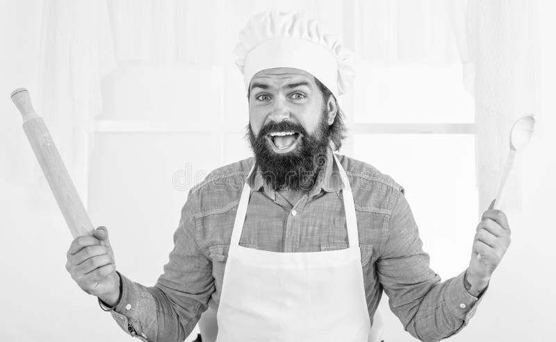 Guy Chef in Hat Prepare Healthy Meal with Rolling Pin, Happiness Stock ...