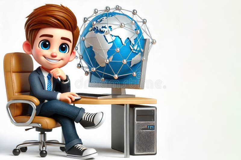 A Guy at a Computer with a Planet on the Screen. Space for Text. Stock ...