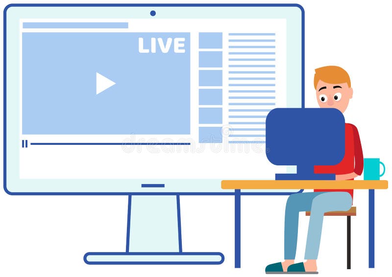 Guy with Computer Turns on Video Player To View Lesson. Man Watching ...