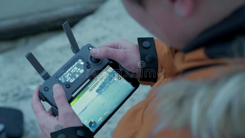 The Guy Controls the Drones. Remote Control of the Drone in Hands is ...