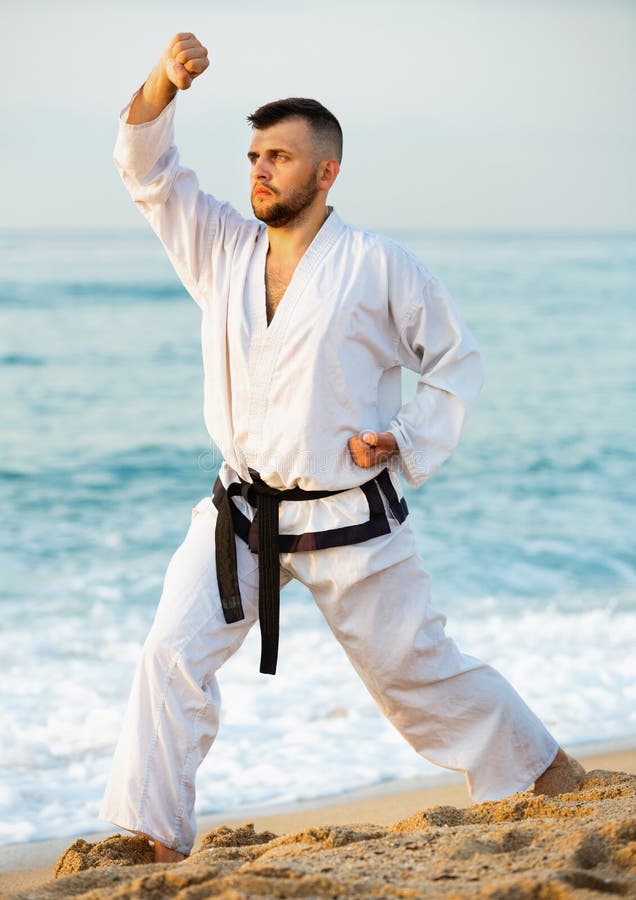 Guy Doing Karate Poses at Sunset Sea Shore Stock Photo - Image of arts ...