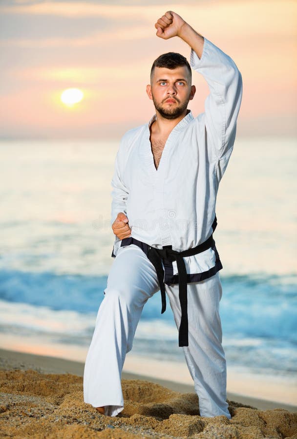 Guy Doing Karate Poses at Sunset Sea Shore Stock Image - Image of japan ...