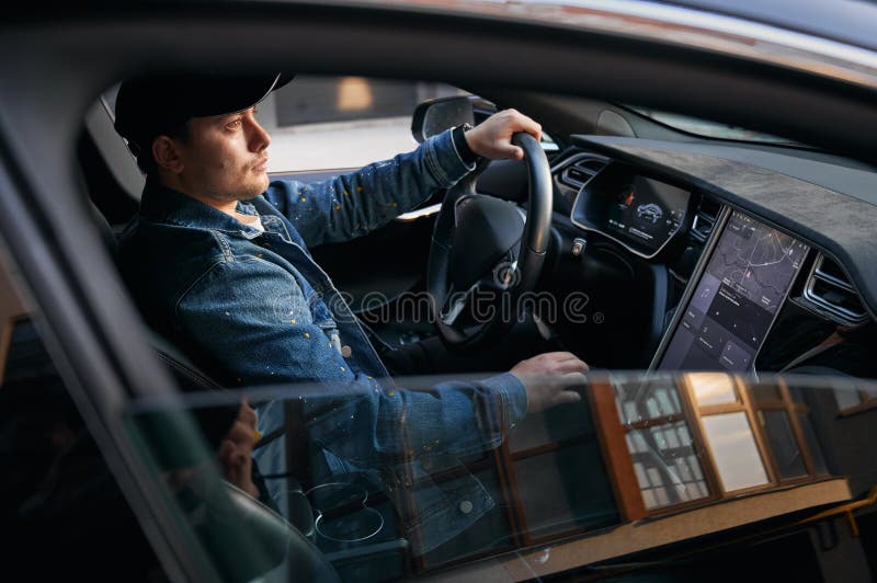 Guy Driving Car Using Touch Screen on Control Panel. Stock Image ...