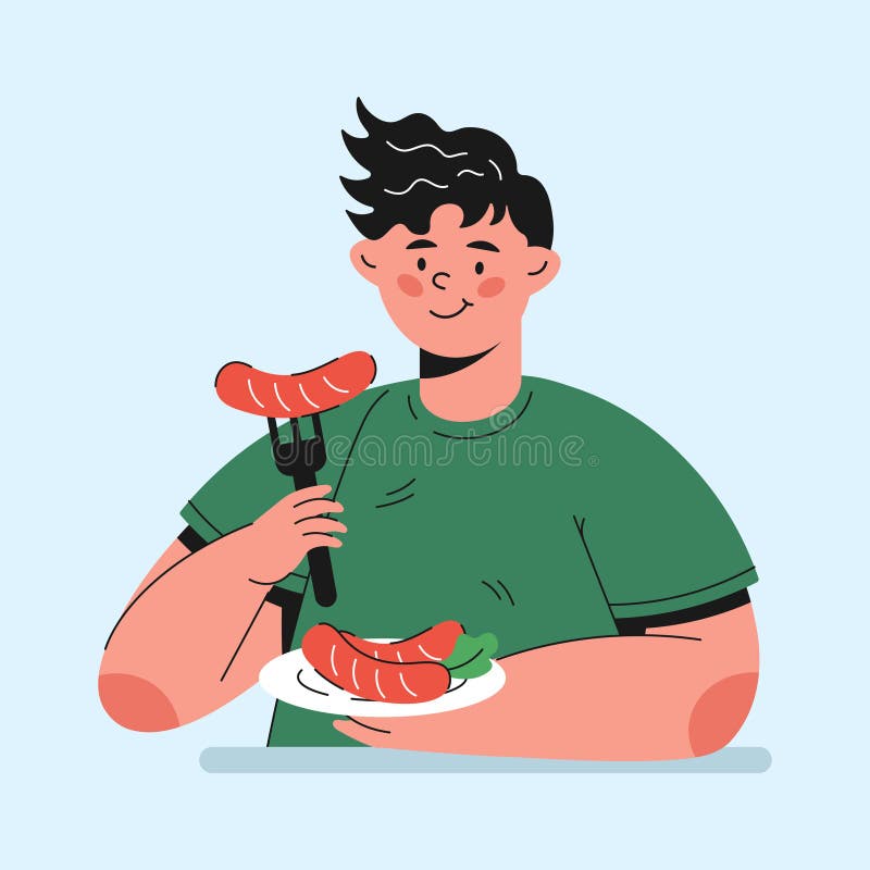 Guy Eating Sausage Character in Cartoon Style Stock Vector ...