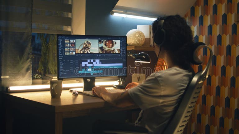 Guy Editing Video on Pc for Space Blog Stock Photo - Image of ...