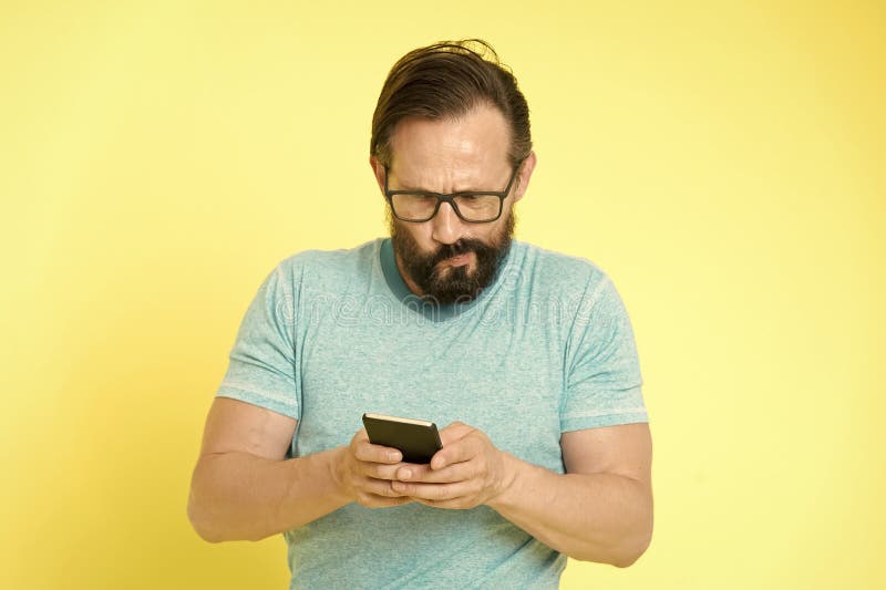 Guy Eyeglasses Puzzled Face Use Smartphone. Man User Interact ...