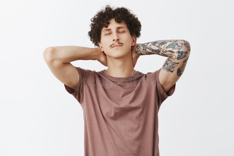 Guy Feeling Relieved Stretching after Sitting Too Long at Work Holding ...